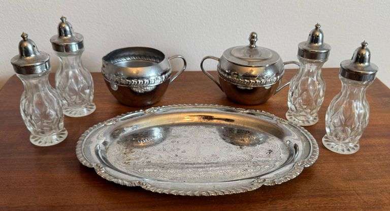 Silver-Plated Tray Set With Crystal Shakers and Serving Pieces ...