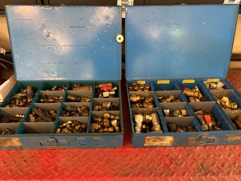 Two Metal Storage Boxes With Assorted Hydraulic Fittings and Connectors ...