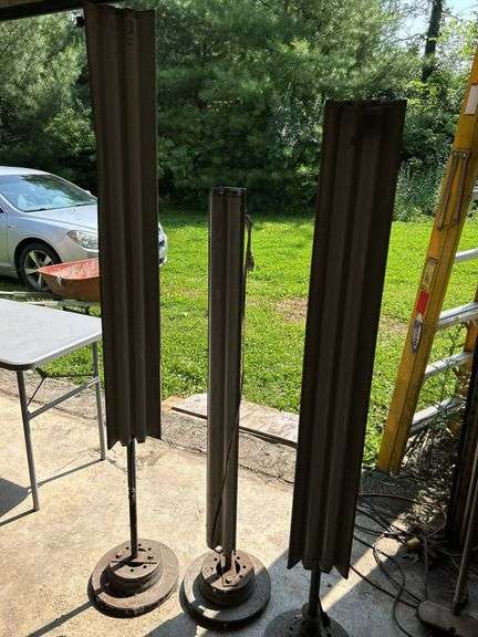 Three Standing Metal Industrial Light Fixtures with Fluorescent Bulbs ...