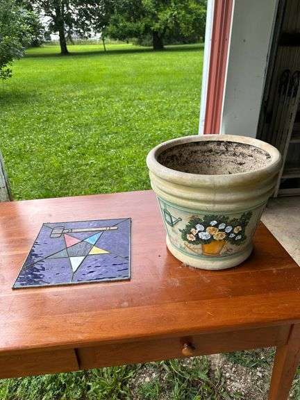 Decorated Ceramic Flower Pot and Stained Glass Tile - Auction Ohio