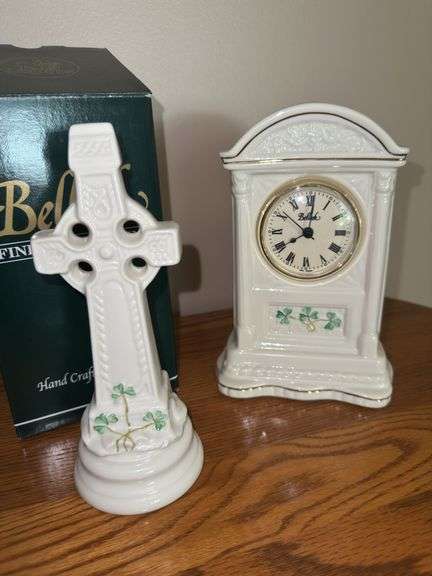 Belleek Irish cross and clock - Auction Ohio