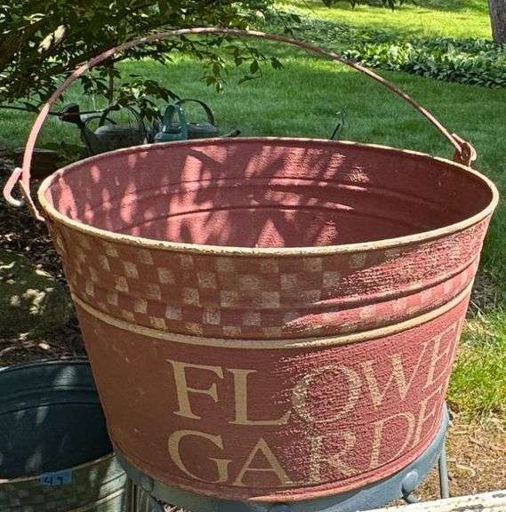 Metal ‘Flower Garden’ Decorative Bucket With Handle - Auction Ohio