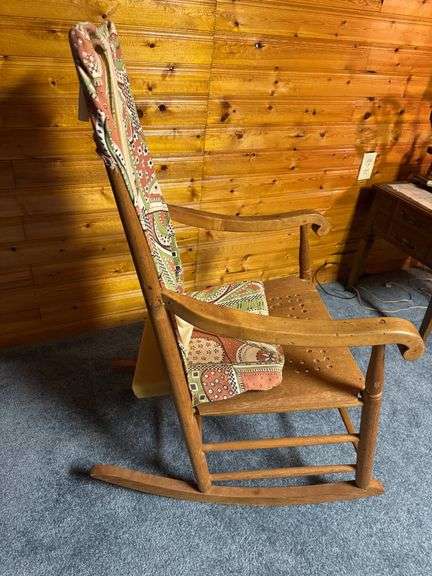 Antique Wooden Rocking Chair with Decorative Cushion Back - Auction Ohio