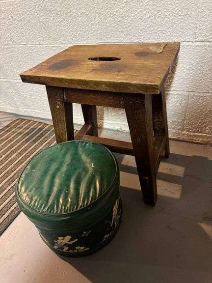 Vintage Wooden Stool with MCM Green Footstool - Auction Ohio
