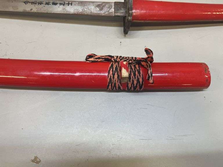 Red-Handled Sword with Red Sheath and Japanese Script - Auction Ohio