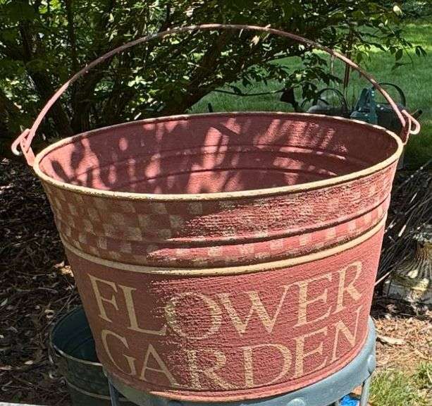 Metal ‘Flower Garden’ Decorative Bucket With Handle - Auction Ohio