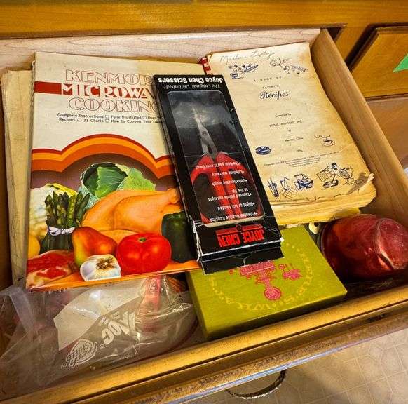 Drawer Contents Including Kitchen Tools, Recipe Books, and ...