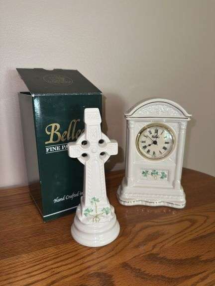 Belleek Irish cross and clock - Auction Ohio