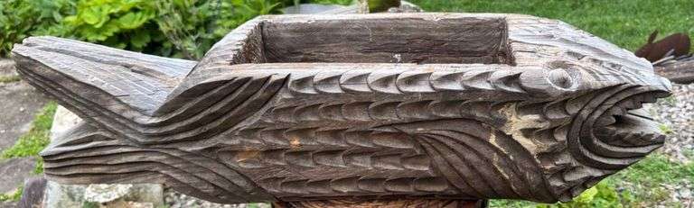Hand-Carved Wooden Fish-Shaped Planter with Decorative Detailing ...