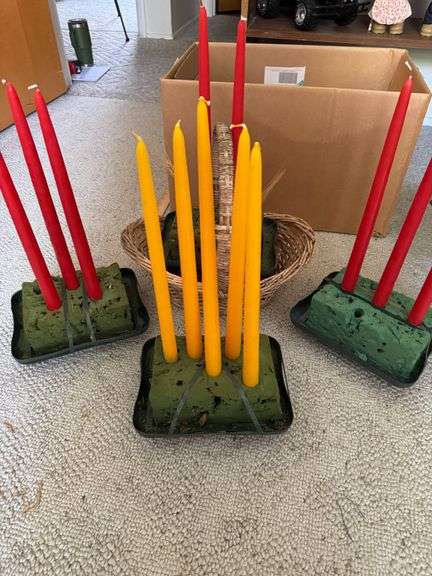 Red and Yellow Tapers with Floral Foam and Basket Holders - Auction Ohio