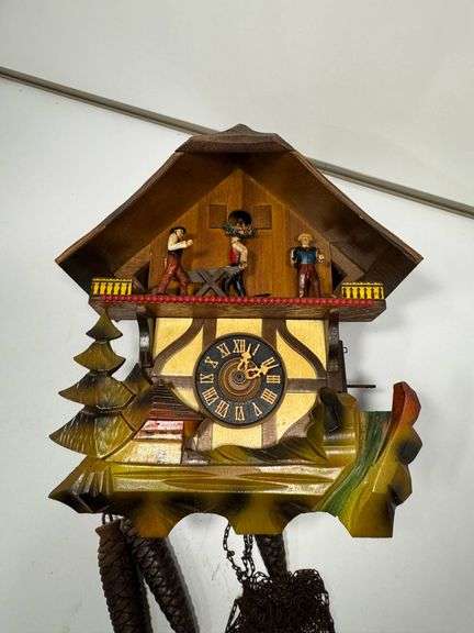 Traditional Wood-Carved Chalet-Style Cuckoo Clock With Animated Figures ...
