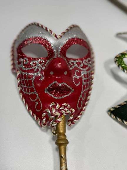 Red and Green Decorative Venetian Mask Set with Handles - Auction Ohio