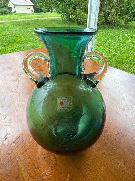 Blenko Double-Handled Green Glass Vase - Auction Ohio