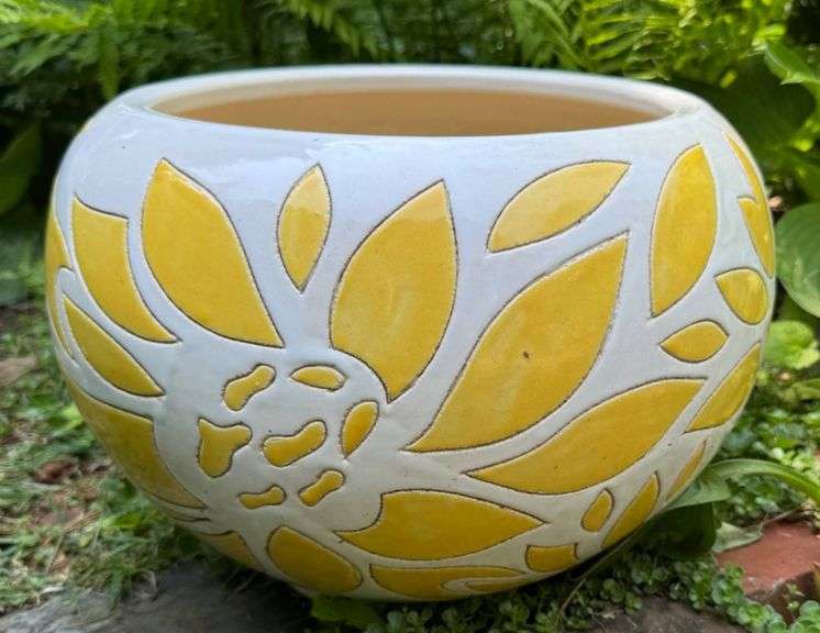 Large White and Yellow Ceramic Planter with Floral Design - Auction Ohio