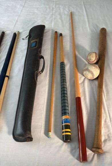 Pool Sticks, Two Carrying Cases, Baseball Bat and Balls - Auction Ohio