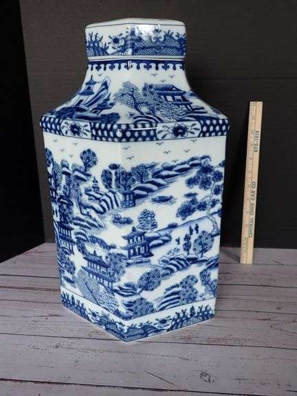 Ethan Allen Blue and White Hexagon Jar w/lid - Auction Ohio
