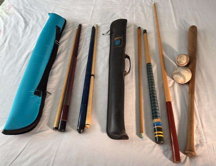 Pool Sticks, Two Carrying Cases, Baseball Bat and Balls - Auction Ohio