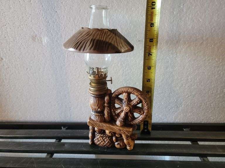 Vintage Enesco Mini Ceramic Spinning Wheel Oil Lamp Shade Has Chips 10 ...