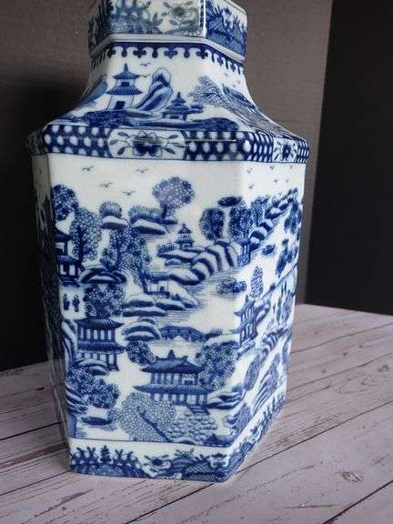 Ethan Allen Blue and White Hexagon Jar w/lid - Auction Ohio