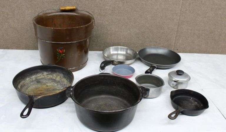Cookware Lot Including Wagner Ware Cast Iron and Wood Bucket - Auction Ohio