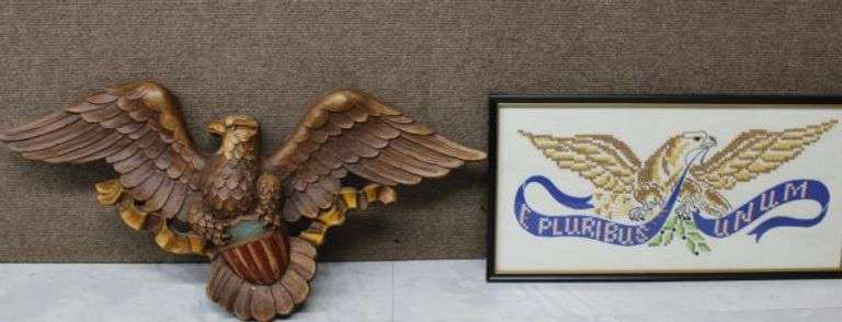 Carved Syroco Eagle Plaque and Framed ‘E Pluribus Unum’ Needlework ...