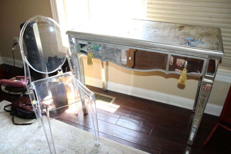 Mirrored Dressing Table & Clear Plastic Chair - Auction Ohio