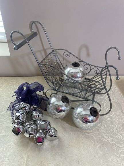 Large silver sleigh - silver bells hanging decor - three large silver ...