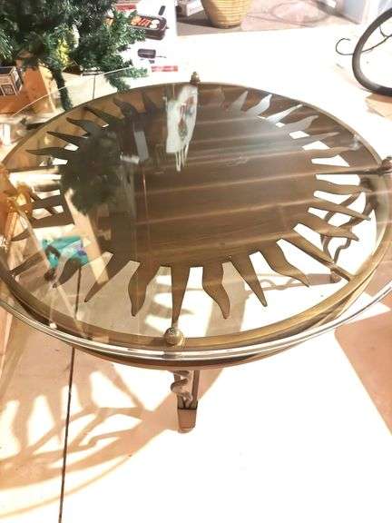 Amazing metal and glass round coffee table-Sun motif - Auction Ohio