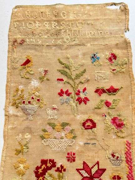 Antique Hand-Stitched Needlework Sampler with Floral and Bird Motifs ...