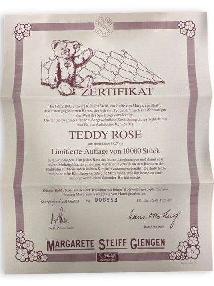 STEIFF TEDDY ROSE REPLICA 1925 LIMITED EDITION BEAR. - Auction Ohio