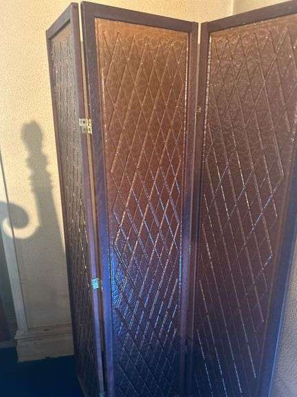 Three-Panel Wood and Vinyl Folding Screen with Diamond Pattern ...
