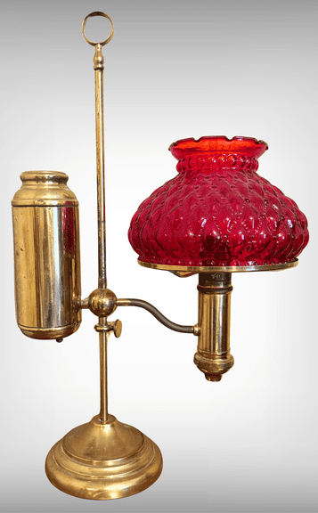 Brass Student Lamp with Red Glass Shade - Auction Ohio