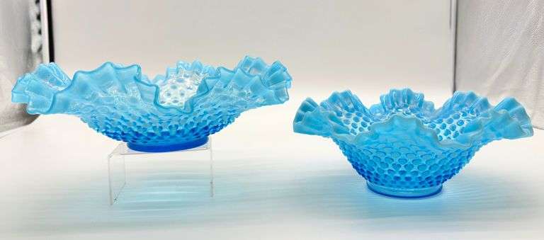Fenton Blue Opalescent Hobnail Glass Bowls with Ruffled Edges - Auction ...