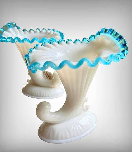 Beautiful Fenton Blue Crested Glass Cornucopia Vases - Auction Ohio