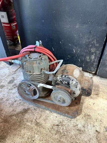 Vintage electric air compressor pump with motor and belt - Auction Ohio