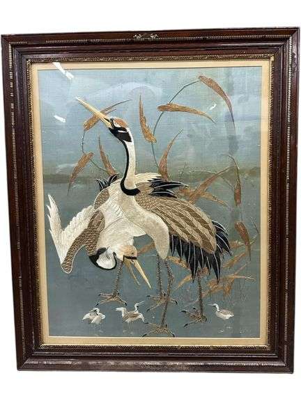 FRAMED EMBROIDERY OF CRANES. - Auction Ohio