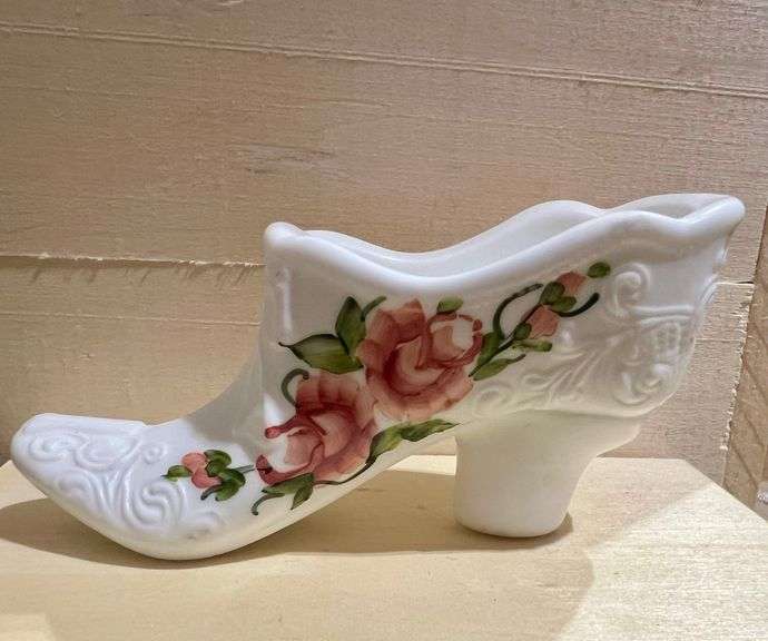 Hand Painted and Signed MOSSER Milk Glass Slipper with Raised Design ...