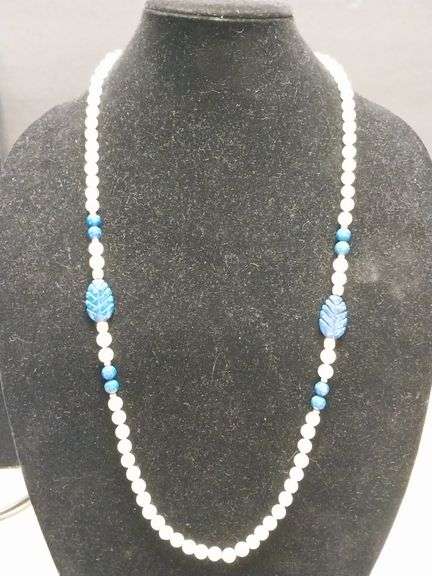Vintage White Bead Necklace with Carved Blue Scarab Accents – 2.222 oz ...