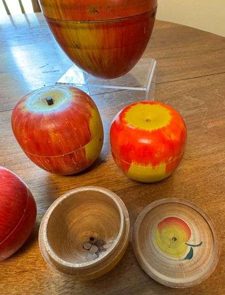 Five Antique Childrens Toys, Wooden Apple-Shaped Containers with ...