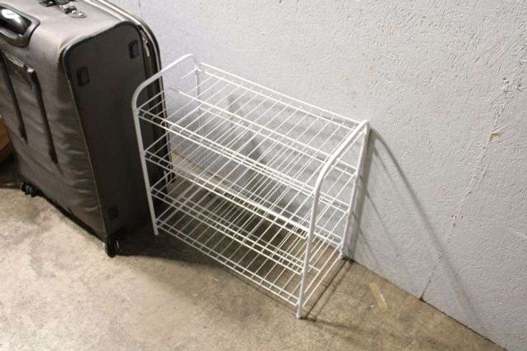 Gray Atlantic Rolling Suitcase, Three-Tier Metal and Wood Shelf, and ...