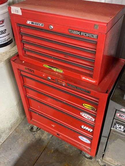 Red Task Force rolling tool chest with upper and lower boxes - Auction Ohio