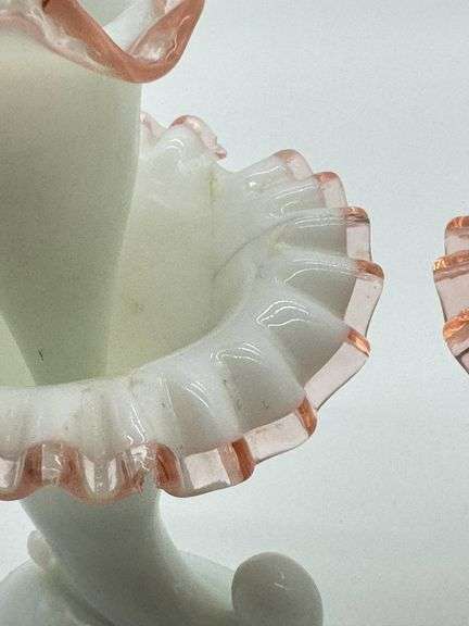 Fenton White Glass Cornucopia Vases with Pink Ruffled Edges - Auction Ohio