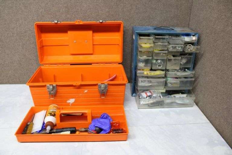 Orange Tuff-Box Tool Box with Tools and Blue Plastic Organizer with ...