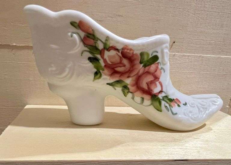 Hand Painted and Signed MOSSER Milk Glass Slipper with Raised Design ...