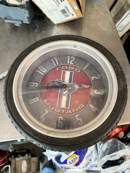 Ford Mustang wall clock with tire-style frame - Auction Ohio