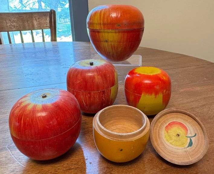Five Antique Childrens Toys, Wooden Apple-Shaped Containers with ...