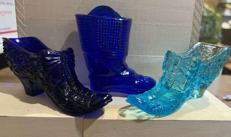 Glass Boot Wall Pocket and Two Glass Slippers Boyd - Auction Ohio