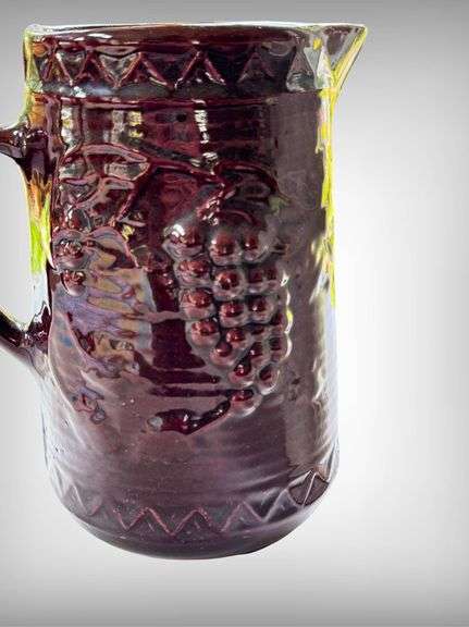 Two Vintage Stoneware Pottery Pitchers With Decorative Relief Design ...