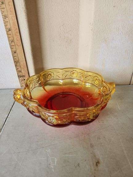 Vintage Jeanette Aztec Rose Gold Rim Amberina Glass Doubles Handle Dish ...