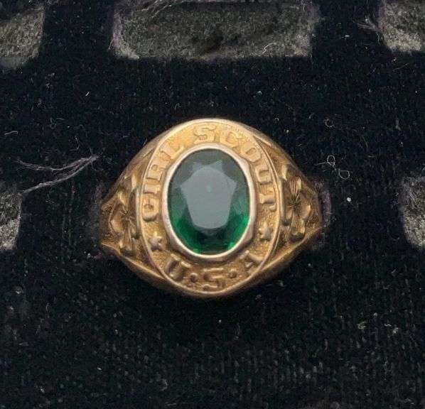 10 Karat Gold Plated Vintage Girl Scout Ring, 4.2g, with Green Stone ...
